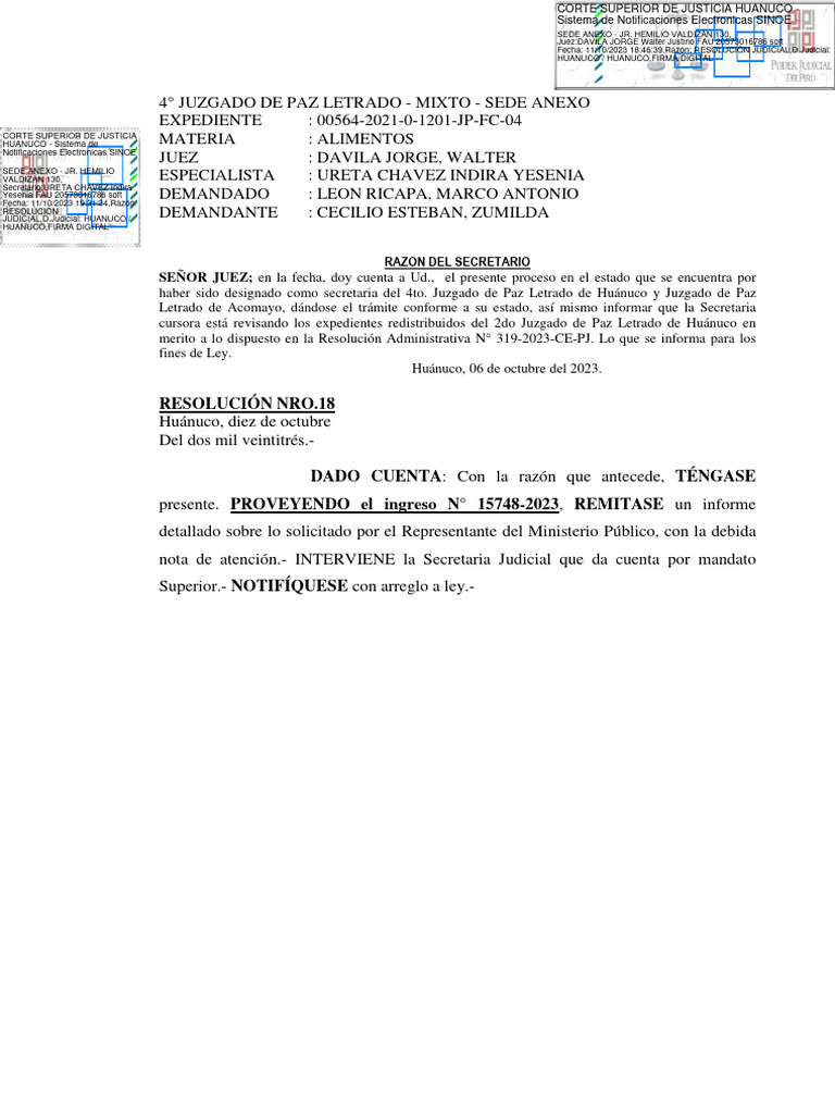 Exp. 00564-2021-0-1201-JP-FC-04 - Resolución - 30002-2023 | PDF