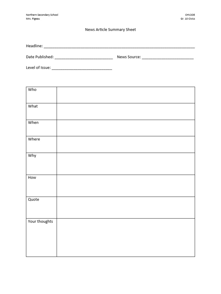 Gr. 10 Civics News Article Summary Template | PDF