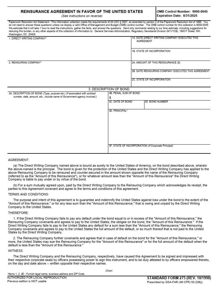 Reinsurance Agreement in Favor of The United States: (See Instructions ...