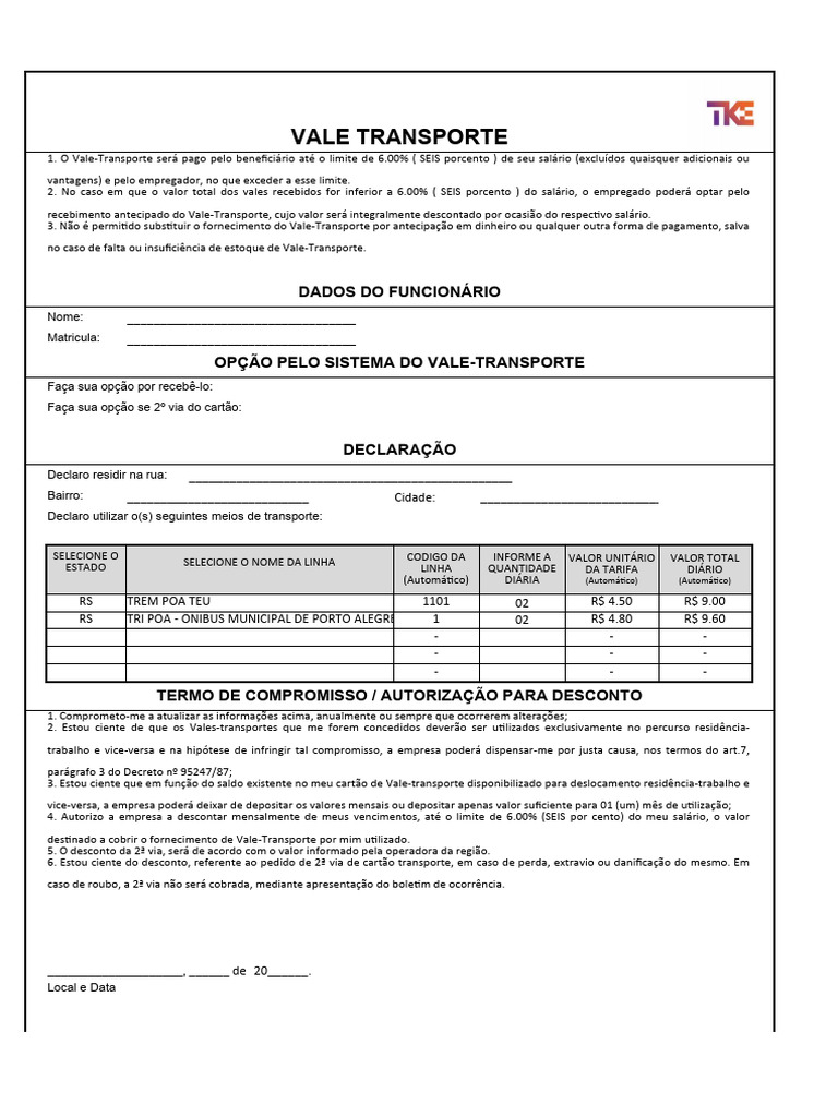 01 - Vale Transporte Formulário Casa X Trabalho V2 - Nicolas | PDF