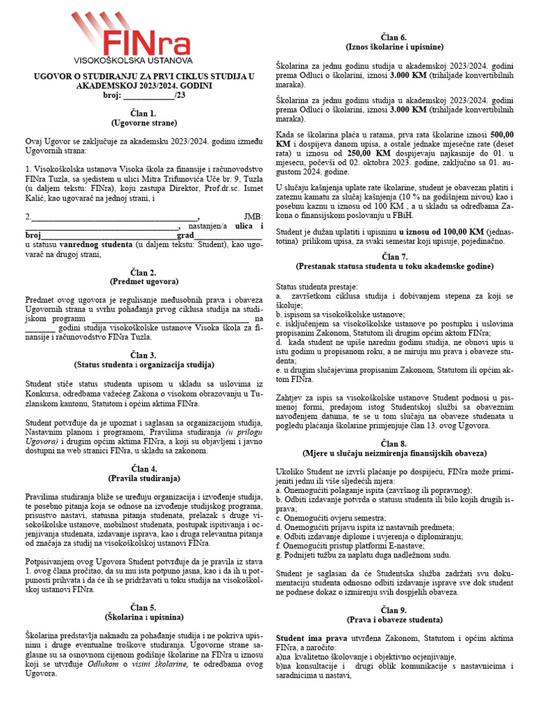 Ugovor o Studiranju - Vanredni Studenti, Akademska 2023-2024., 20.06.2023. Godine - Naredne ...