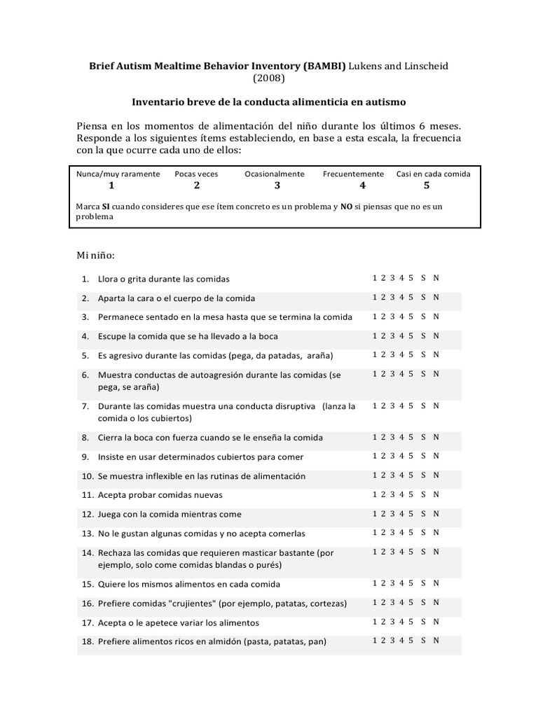 Brief Autism Mealtime Behavior Inventory | PDF | Alimentos
