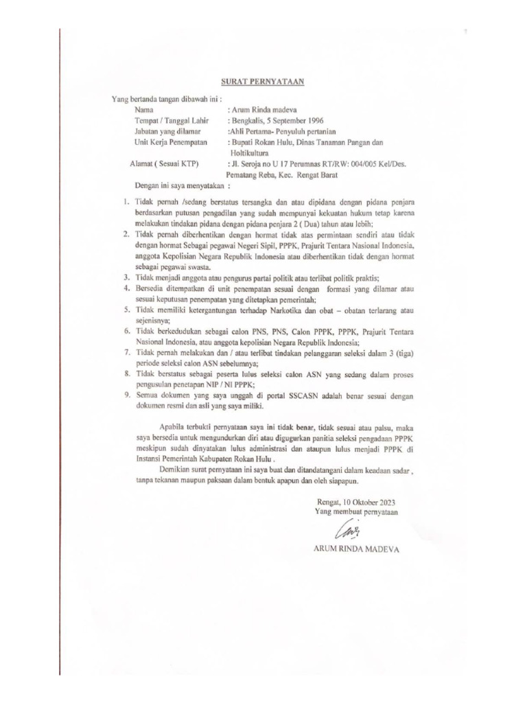 Scan Surat Pernyataan Arum | PDF