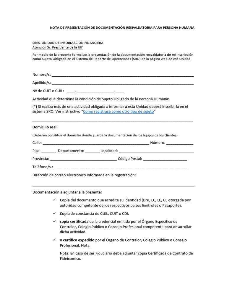 Nota de Presentacion de Documentacion Respaldatoria para Persona Humana | PDF