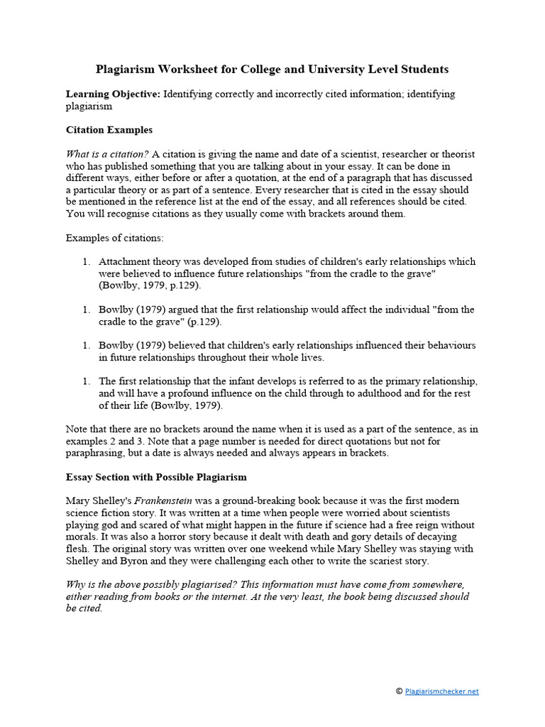 Plagiarism Worksheet | PDF | Citation | Plagiarism