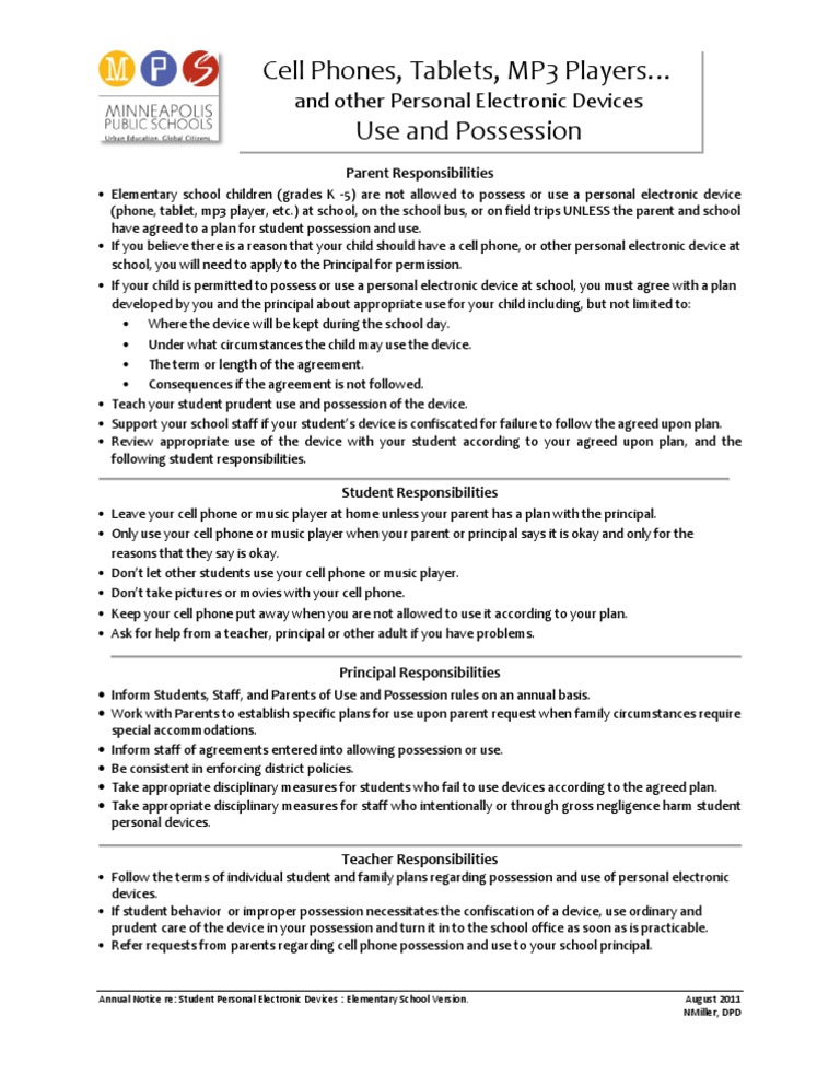 Student Personal Electronic Devices Notice Elem | PDF | Teachers ...