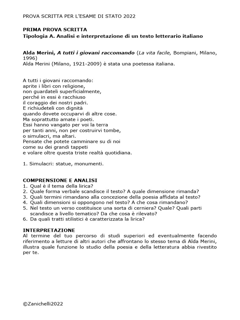 1 Simulazione Prima Prova Tipologia A 2022 Merini AL | PDF