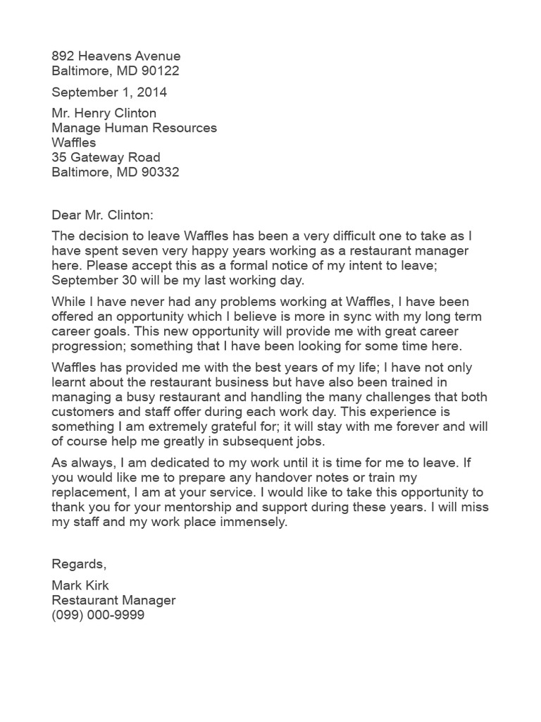 Restaurant Manager Resignation Letter | PDF