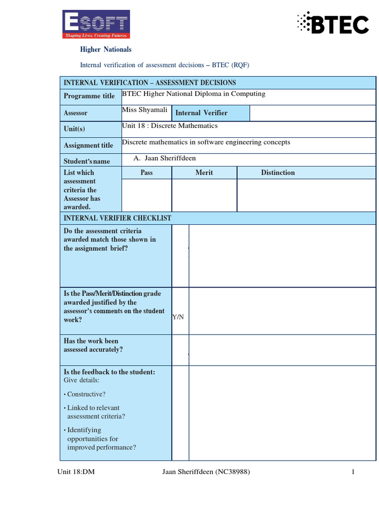 BTEC HND Computing: Discrete Math Verification | PDF | Group (Mathematics) | Theoretical ...