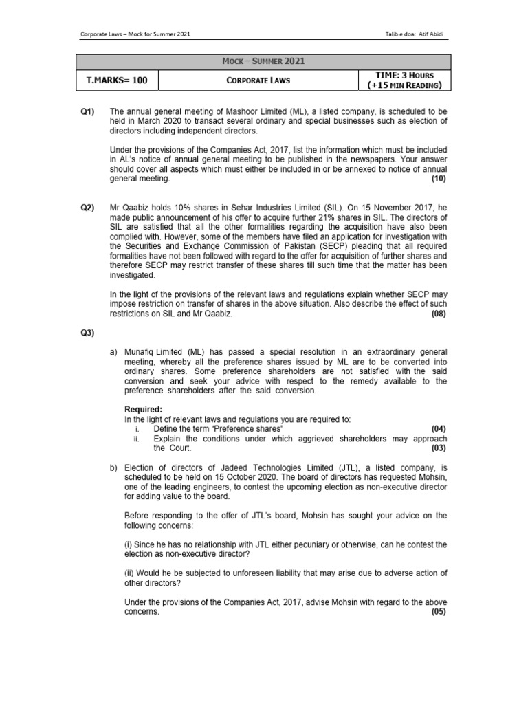 CFAP-02 Corporate Law Mock With Solution | PDF