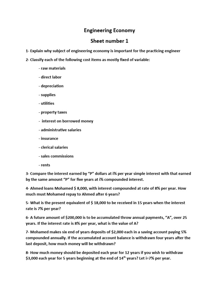 Sheet 1 Engineering Economy 3 | PDF