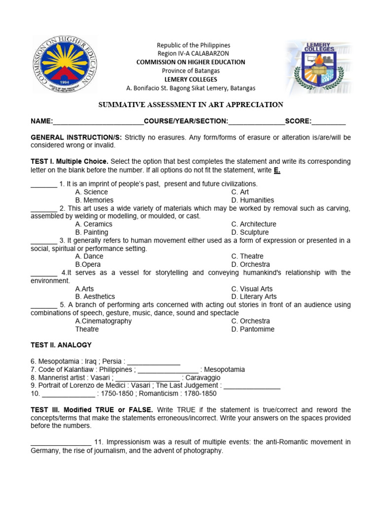 Art Appreciation Assessment | PDF | The Arts | Aesthetics