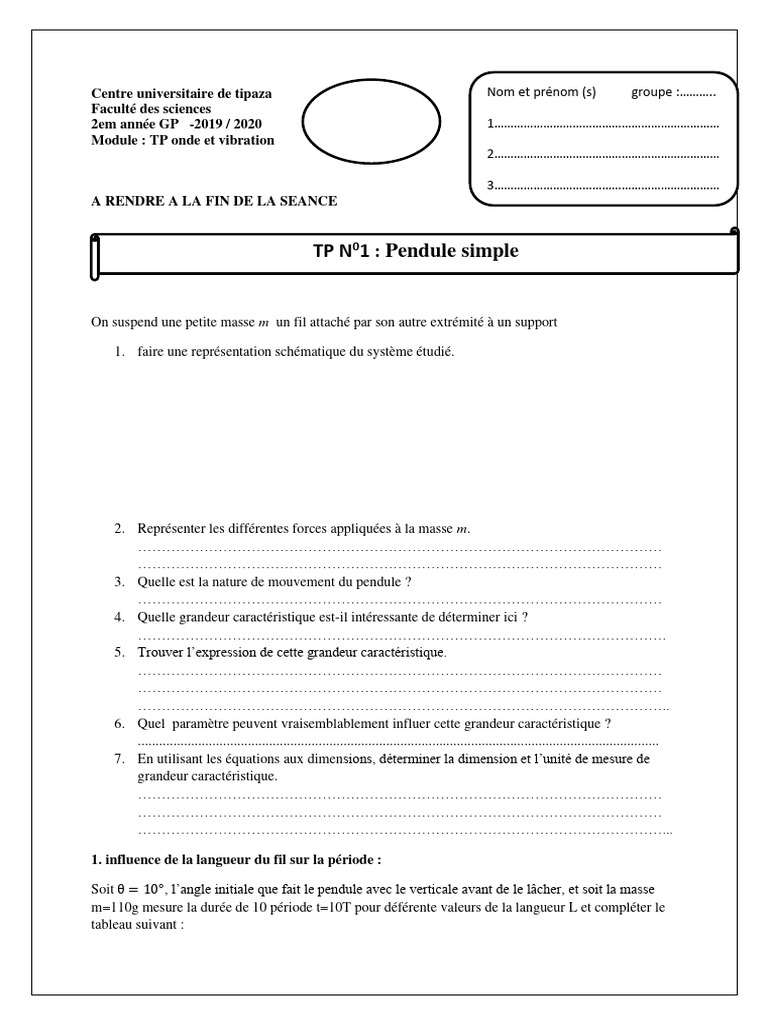 TP sur le Pendule : Ondes et Vibrations | PDF