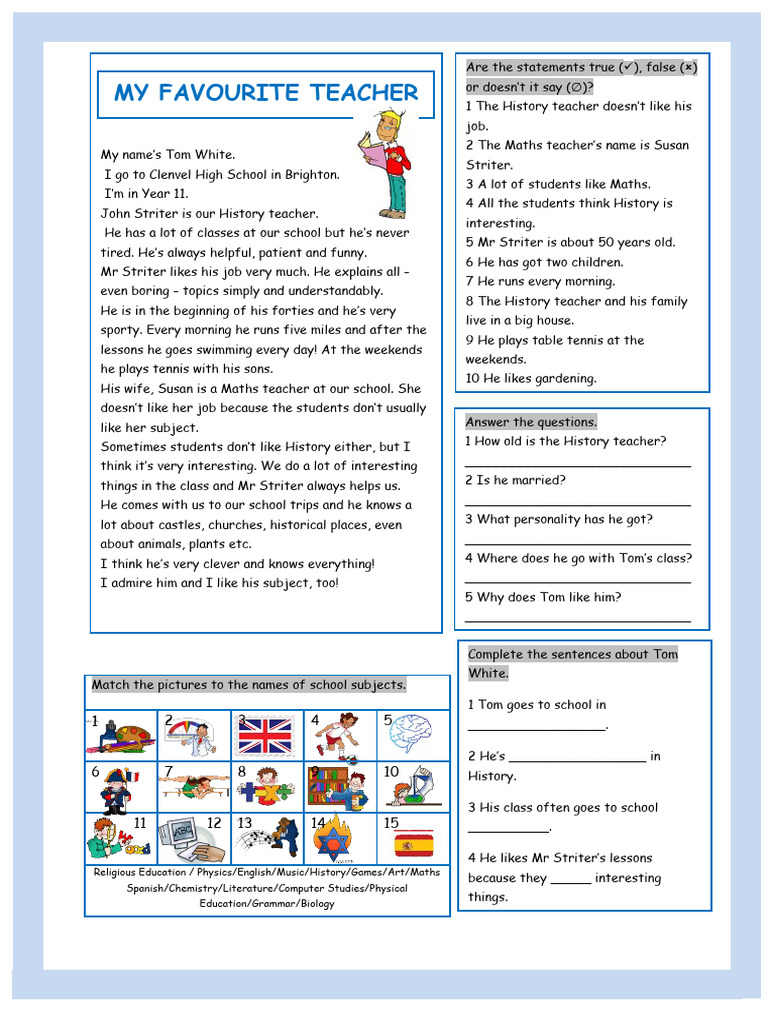 My Favourite Teacher Reading Comprehension Exercises - 17798 | PDF ...