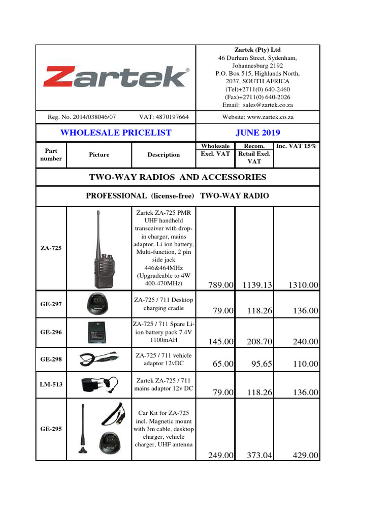 Zartek Wholesale Pricelist JUNE 2019 | PDF