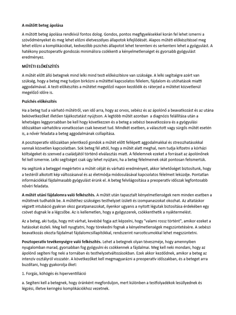 A műtött beteg ápolása | PDF