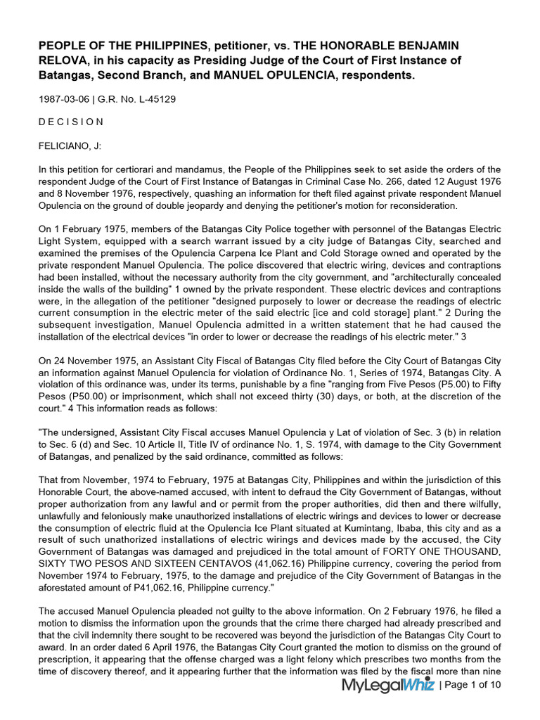 2 People Vs Benjamin Relova 148 SCRA 292 | PDF | Double Jeopardy | Crimes