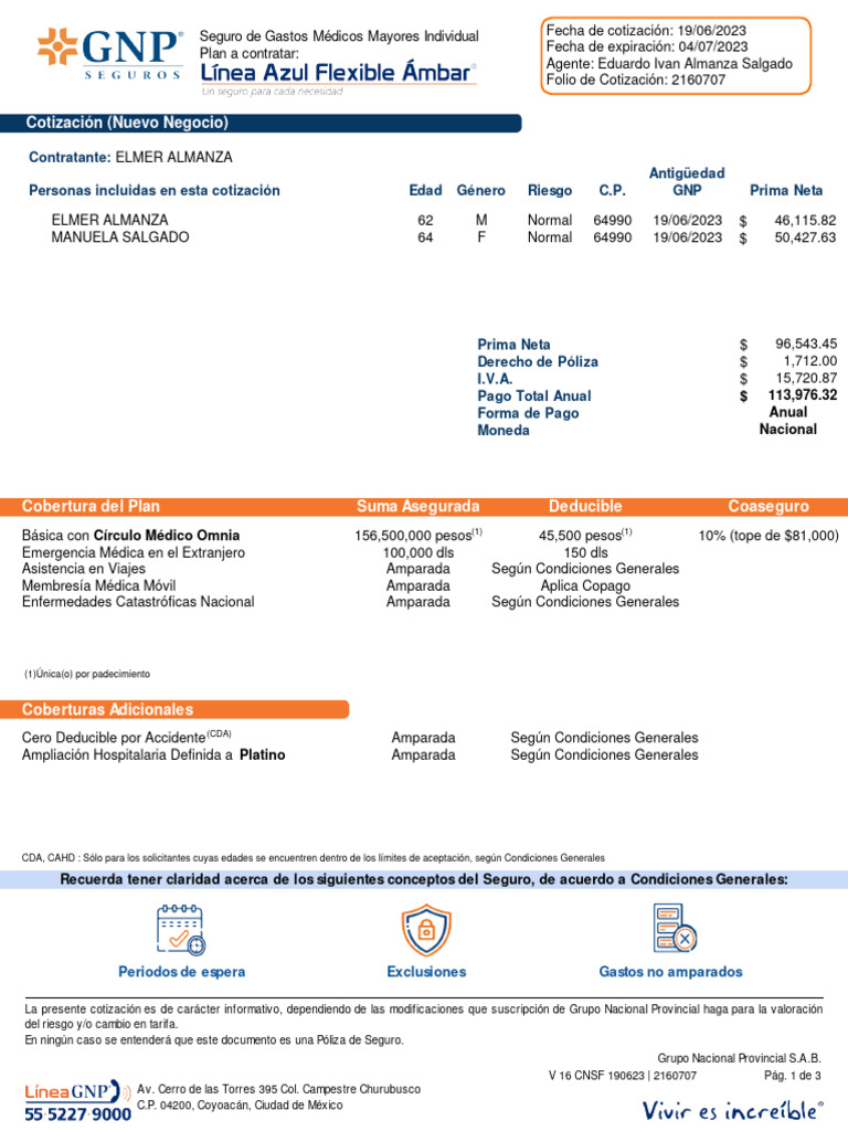 Cotizacion GNP Ambar ampliación a Platino | PDF | Póliza de seguros | Riesgo