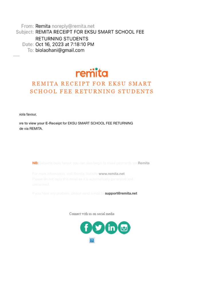 Remita Receipt For Eksu Smart School Fee Returning Students | PDF