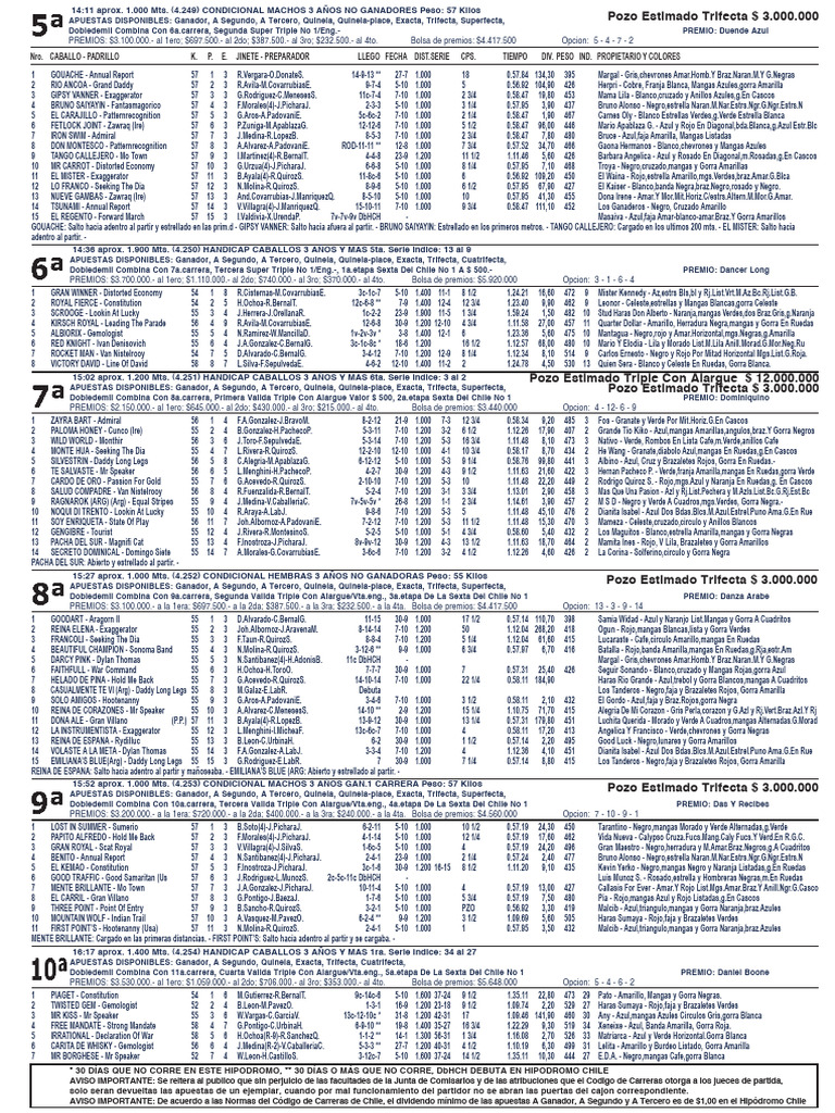 Nro. Caballo - Padrillo K. P. E. Jinete - Preparador Llego Fecha Dist. Serie Cps. Tiempo Div ...