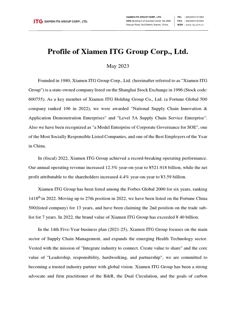 Profile of Xiamen ITG Group Corp., Ltd. May 2023) | PDF | Logistics ...