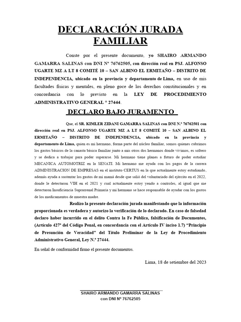 Ejemplo De Declaracion Jurada Inmigracion/ejemplo De Declaracion Jurada ...