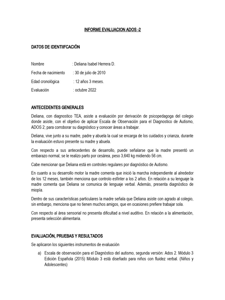 Informe Evaluación ADOS-2 Deliana | PDF | Espectro autista | Comunicación