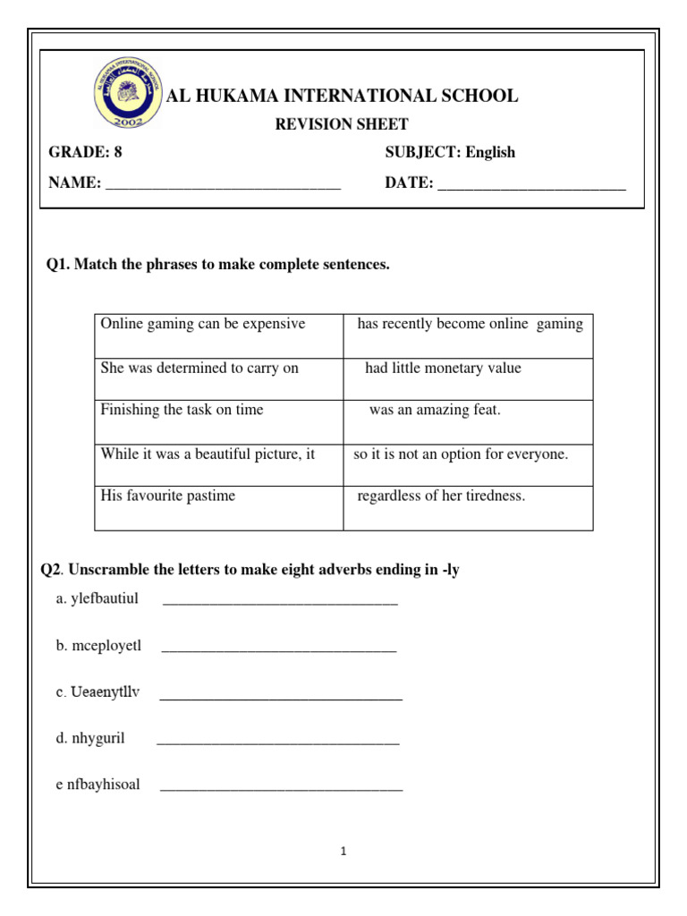Gr-8 Revision Sheet | PDF