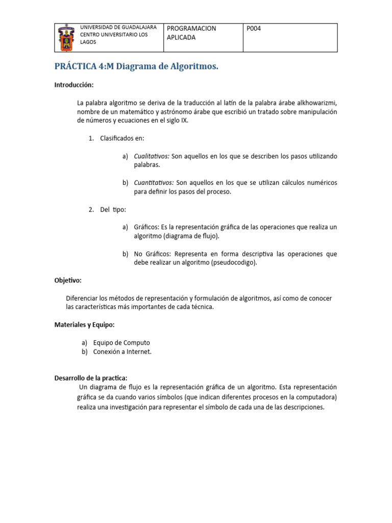 PrÁctica 4 Diagrama De Algoritmos Pdf Algoritmos Programación De Computadoras