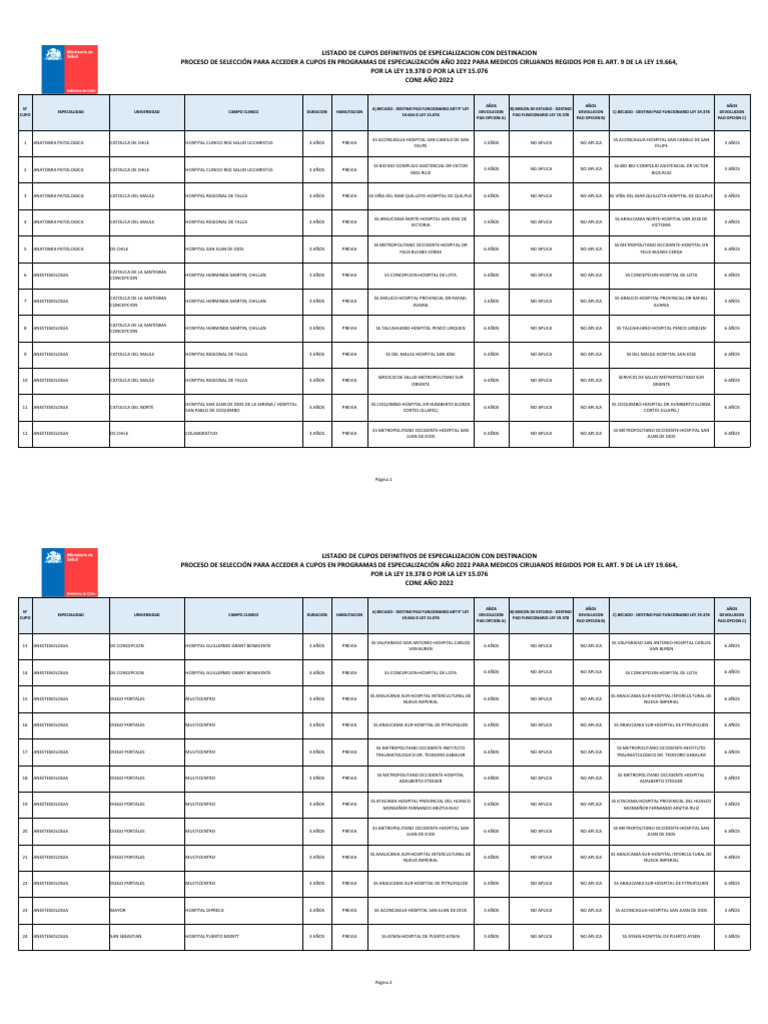 LISTADO DEFINITIVO CON DESTINACION PAO DE CUPOS CONE 2022.v2 | PDF | Hospital | Chile