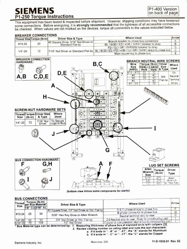 3.4. Torque Instructions - p1 250 Panelboard - Siemens | PDF