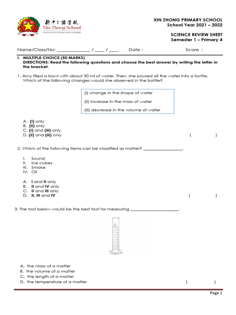 Science Review Sheet For Topical Test | PDF