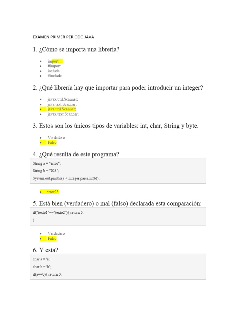 Examen Primer Periodo Java | PDF