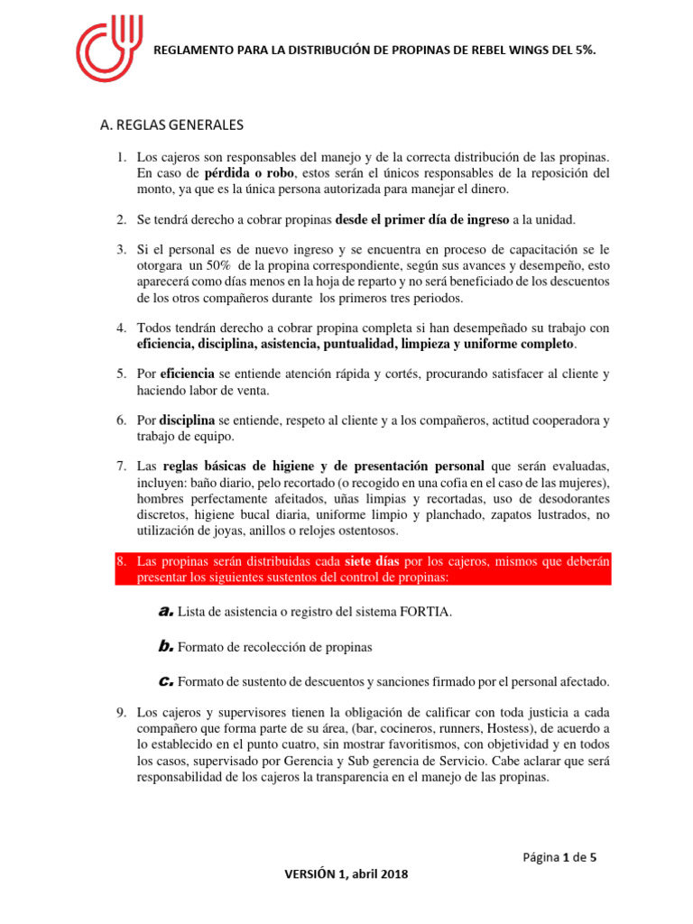 Reglamento de Propinas | PDF