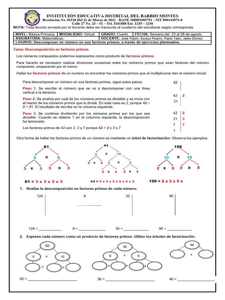 Descomposición en Factores Primos - 23 Al 28 de Agosto | PDF | Número ...