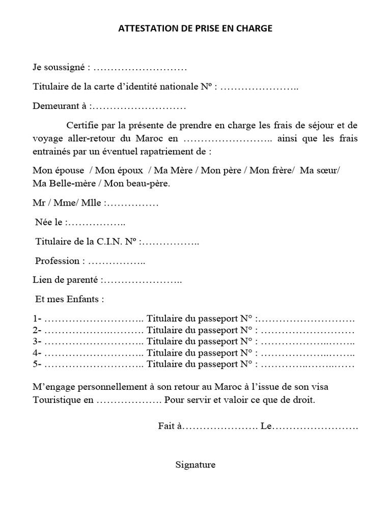 Attestation de Prise en Charge Visa | PDF