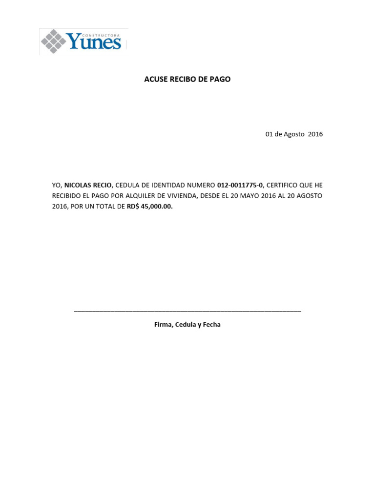 ACUSE DE RECIBO NOMINA Oficina - YUNES | PDF