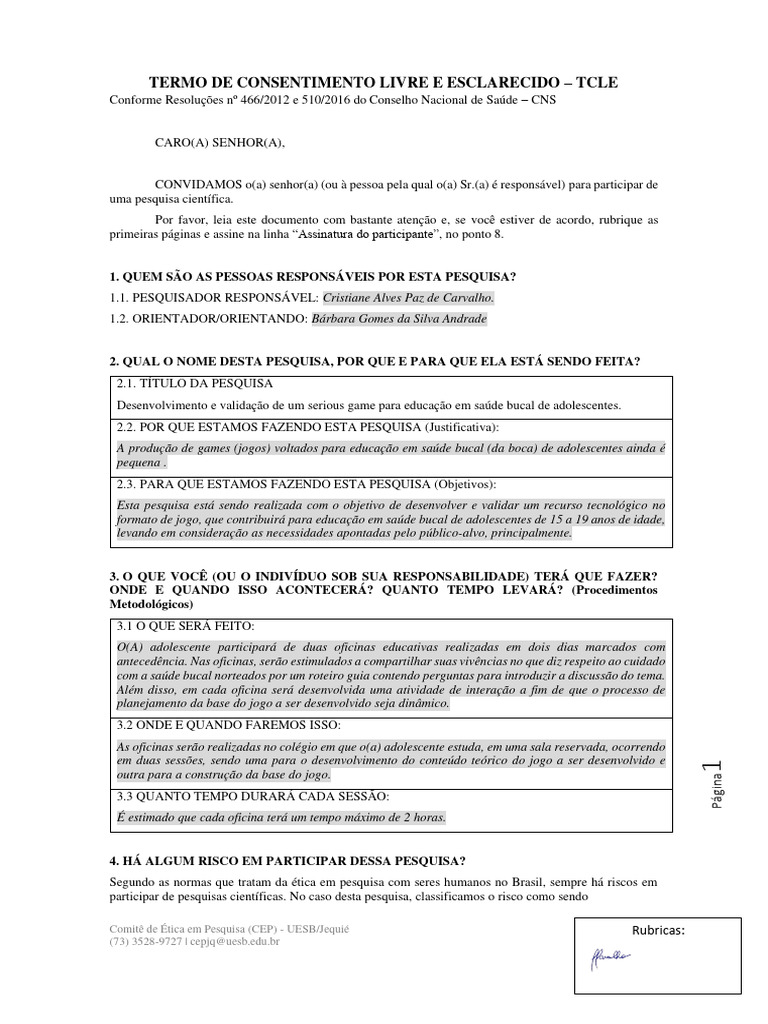 Tcle - Cep (Pais) - Assinado | PDF | Science | Adolescência