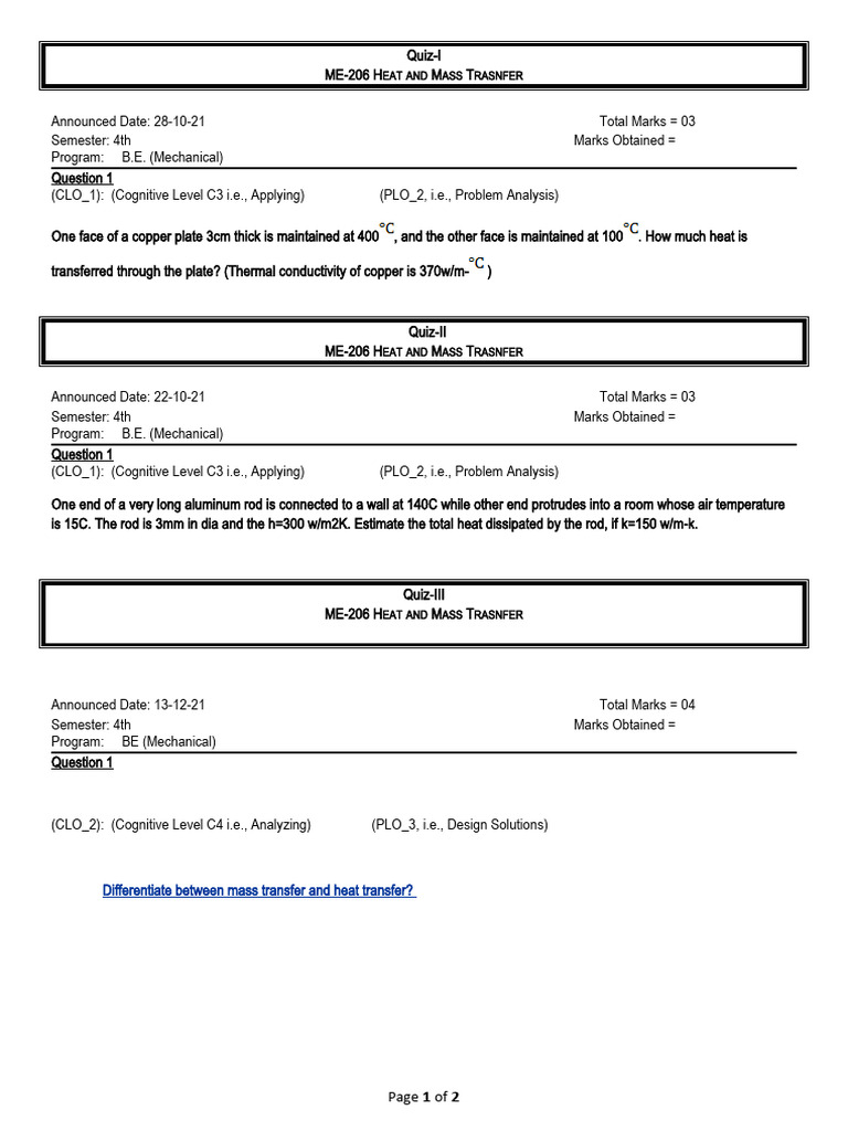 Heat and Mass Transfer Quiz 1 | PDF
