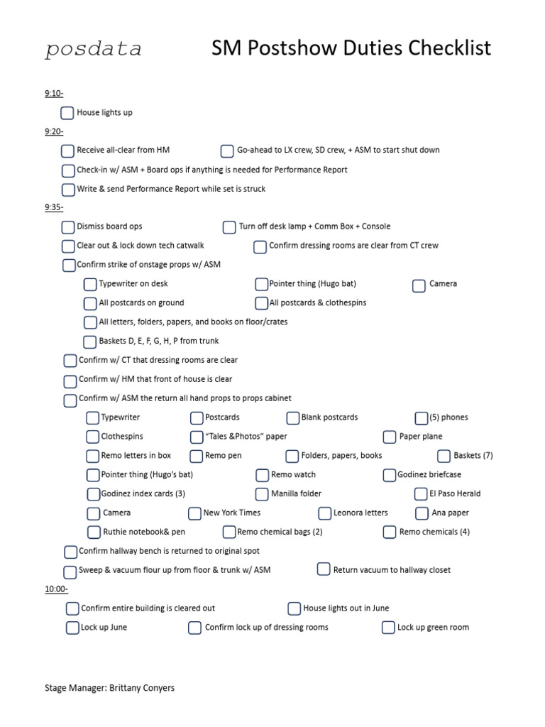 SM Postshow Duties Checklist | PDF