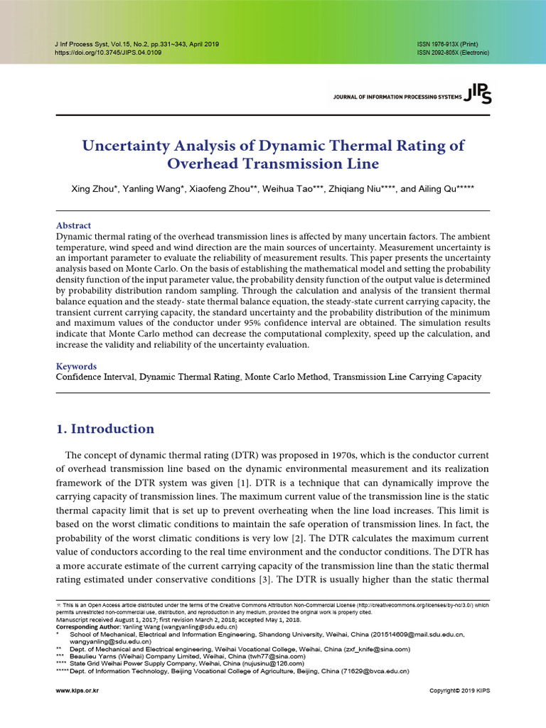 Uncertainty Analysis of Dynamic Thermal Rating of Overhead Transmission Line | PDF | Normal ...