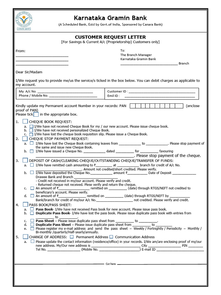 Customer Request Letter For Various Services | PDF | Cheque | Debit Card