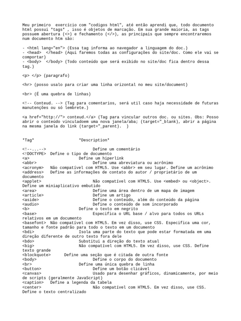 Comentario de Estudos HTML, CSS, Java Script. | PDF | Html | Html5 Comentario de Estudos HTML, CSS, Java Script. | PDF | Html | Html5