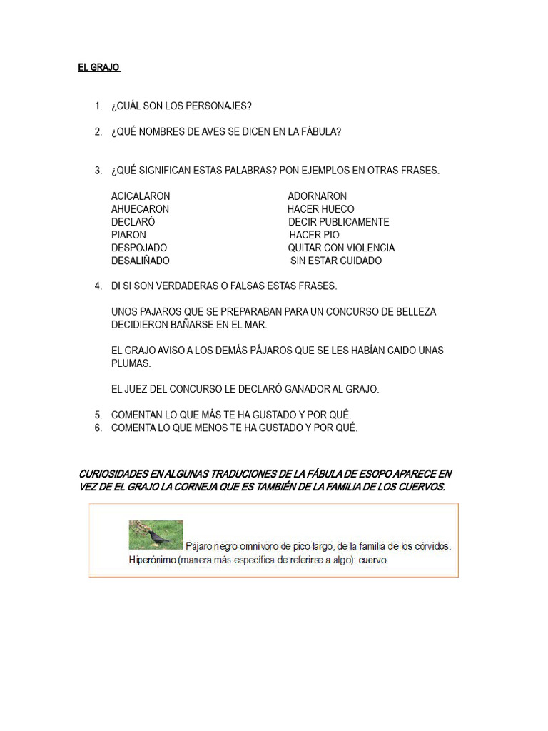 Análisis de la Fábula "El Grajo" | PDF