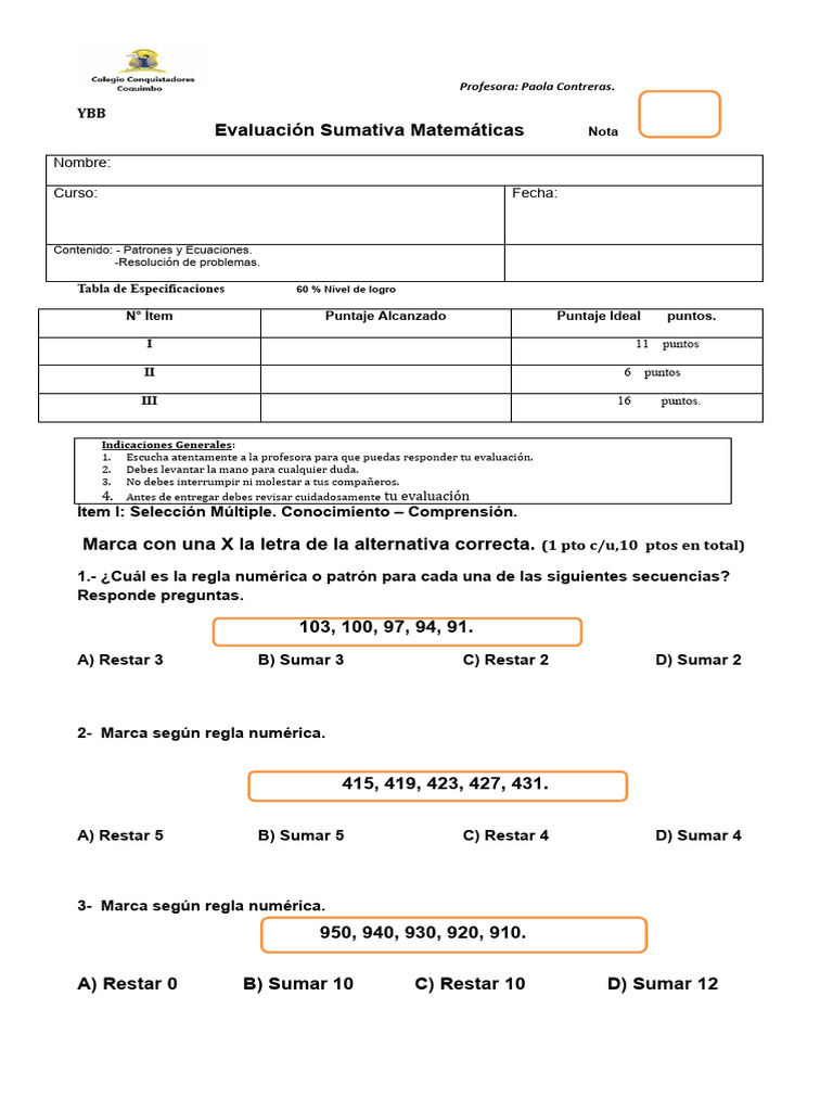 Prueba Patrones y Ecuaciones - VIERNES | PDF