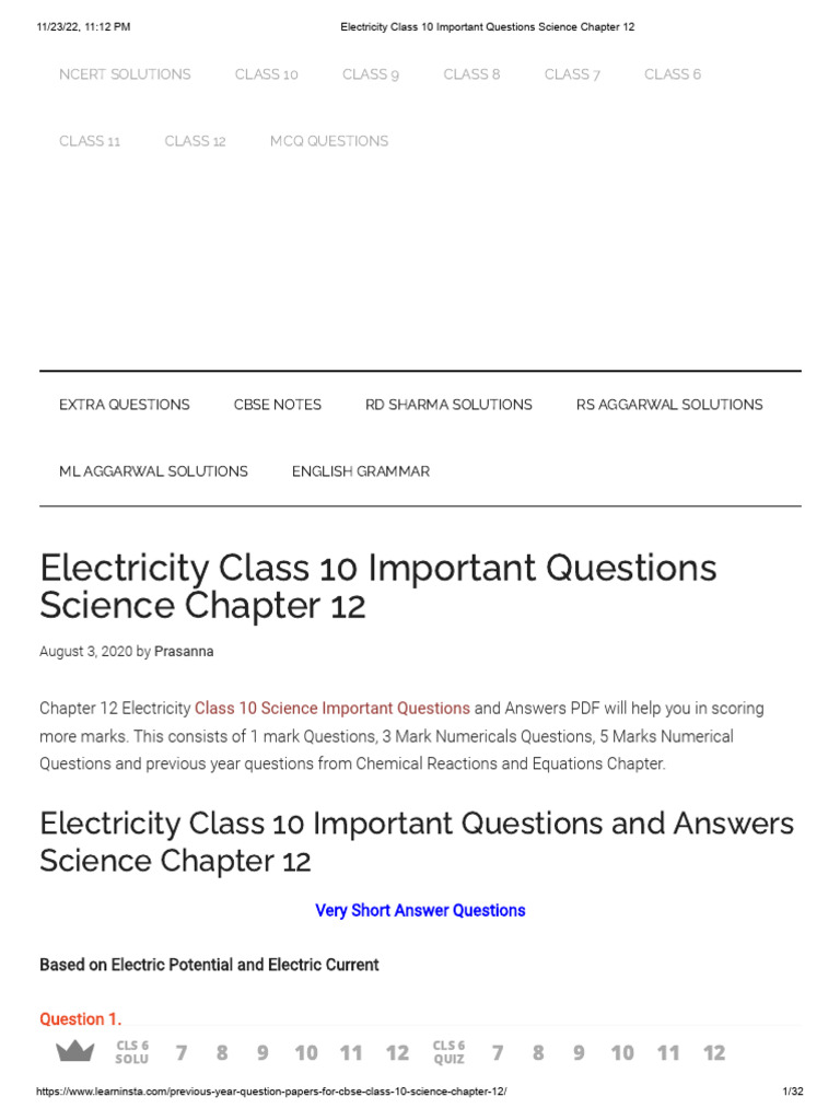 Electricity Class 10 Important Questions Science Chapter 12 | PDF ...