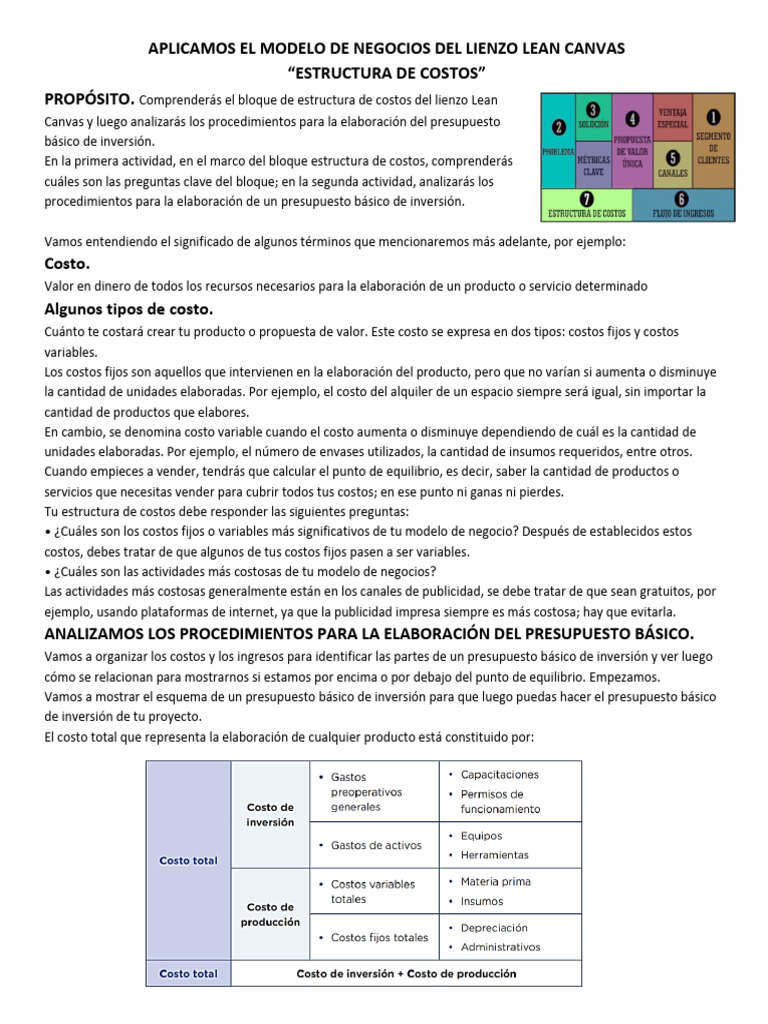 Aplicamos El Modelo de Negocios Del Lienzo Lean Canvas "Estructura de Costos" Propósito | PDF ...