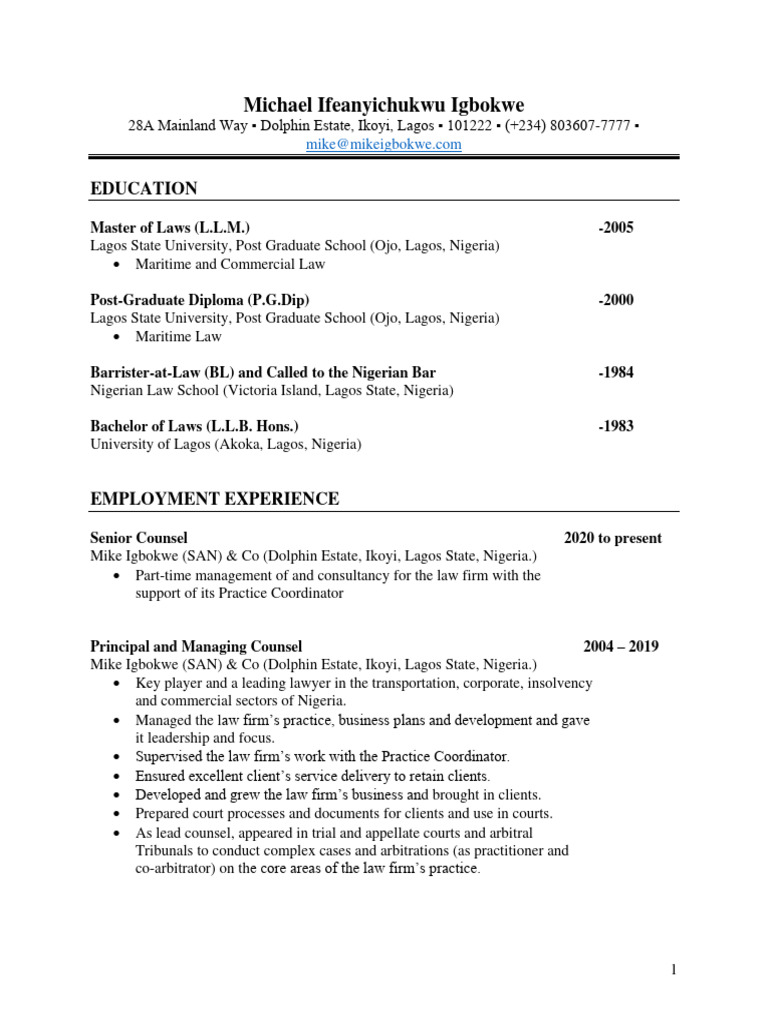 Mike Igbokwe CV | PDF | Barrister | Arbitration