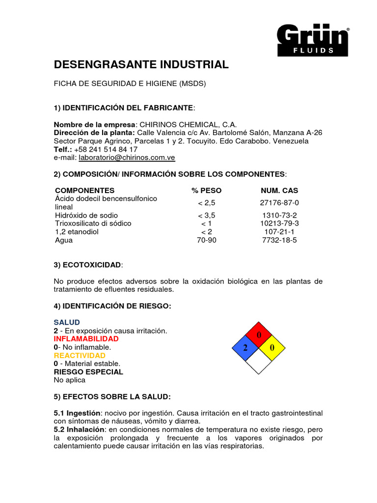 Desengrasante Industrial MSDS | PDF | Salud y bienestar