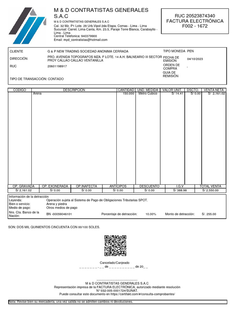 M & D Contratistas Generales S.A.C: RUC 20523874340 Factura Electrónica ...